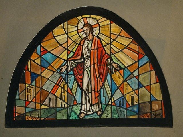 [Design drawing for stained glass arched window showing...