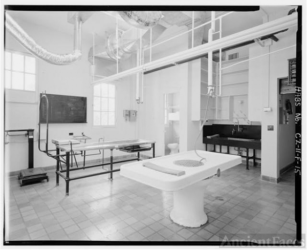 Interior view of embalming room, facing northwest.