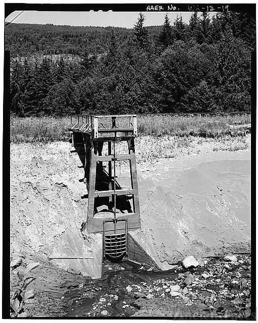 19. VIEW OF SETTLING BASIN SLUICE GATE, SHOWING BYPASS...