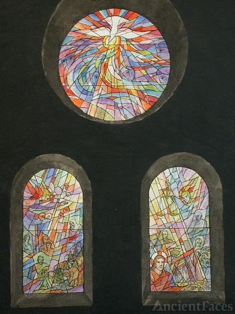 [Design drawing for stained glass window with geometric...