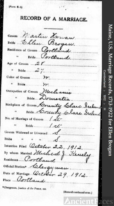 Ellen Theresa Brogan-Honan--Maine, U.S., Marriage Records, 1713-1922(1912)
