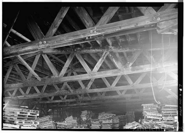 7. INTERIOR OF TRAINSHED SHOWING WARREN TRUSS ROOFING...