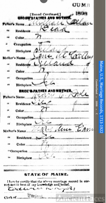 Joseph Francis Callan--Maine, U.S., Marriage Records, 1713-1922(1898) back