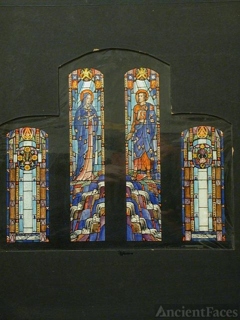 [Design drawing for stained glass window showing Font of...