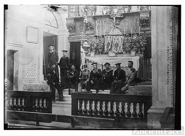 Blue jackets and soldiers guarding altar Jesuit's monastery