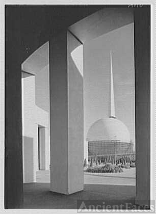 World's Fair. View through columns of trylon and perisphere