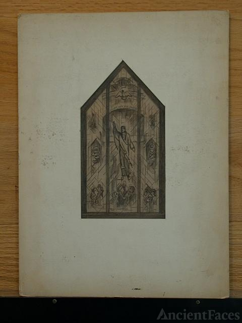 [Design drawing for stained glass window with text "Lo, I...