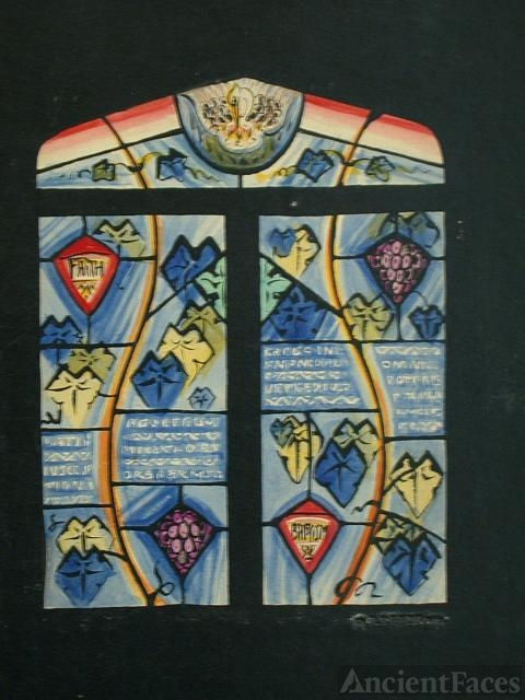 [Design drawing for stained glass window group with...