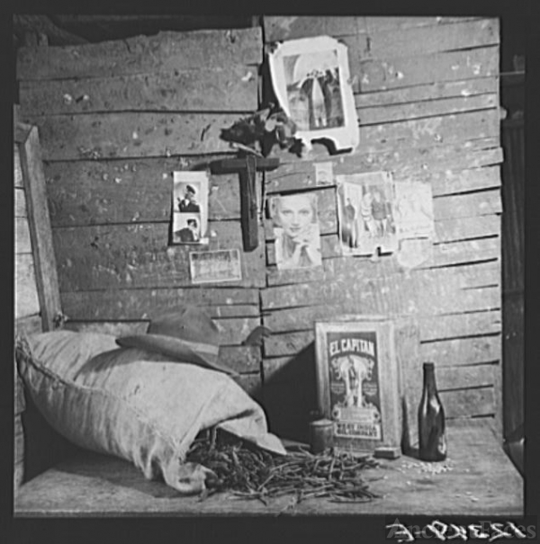 Interior of shack in the hills near Cidra. Note bag of...