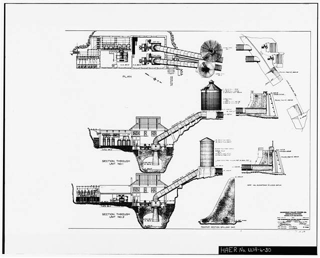 30. PLAN AND SECTION DRAWINGS OF SPILLWAY, HEADGATES AND...