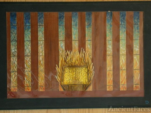 [Design drawing for stained glass window with flames]