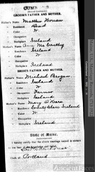 Ellen Theresa Brogan-Honan--Maine, U.S., Marriage Records, 1713-1922 ...