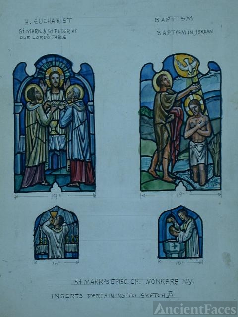 [Design drawing for stained glass window with sacraments...