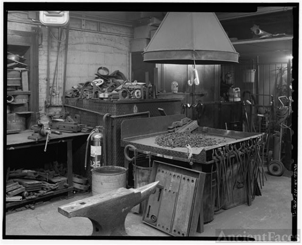 11. INTERIOR, FIRST FLOOR, BLACKSMITH SHOP FORGE, LOOKING...