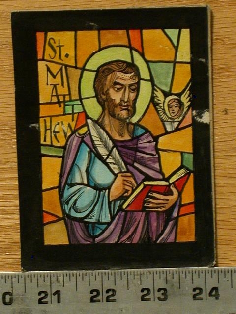 [Design drawing for stained glass window with St. Matthew...