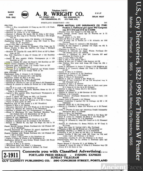 Thomas William Pender Sr --U.S., City Directories, 1822-1995(1955)