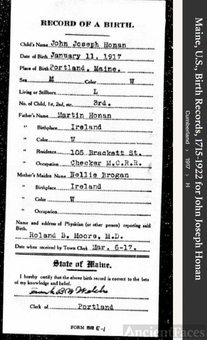 John Joseph Honan--Maine, U.S., Birth Records, 1715-1922(1917)