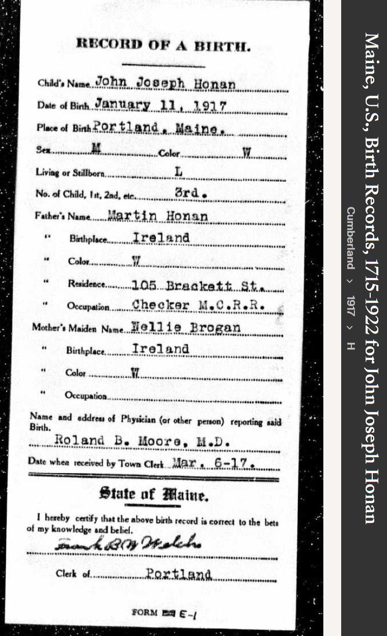 John Joseph Honan--Maine, U.S., Birth Records, 1715-1922(1917)