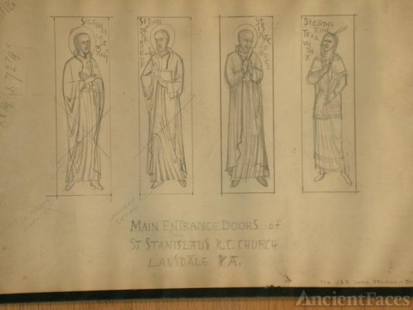 [Design drawing for main entrance doors showing four...