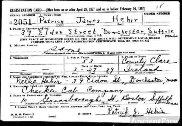 Patrick James Hehir jr--U.S., World War II Draft Registration Cards, 1942