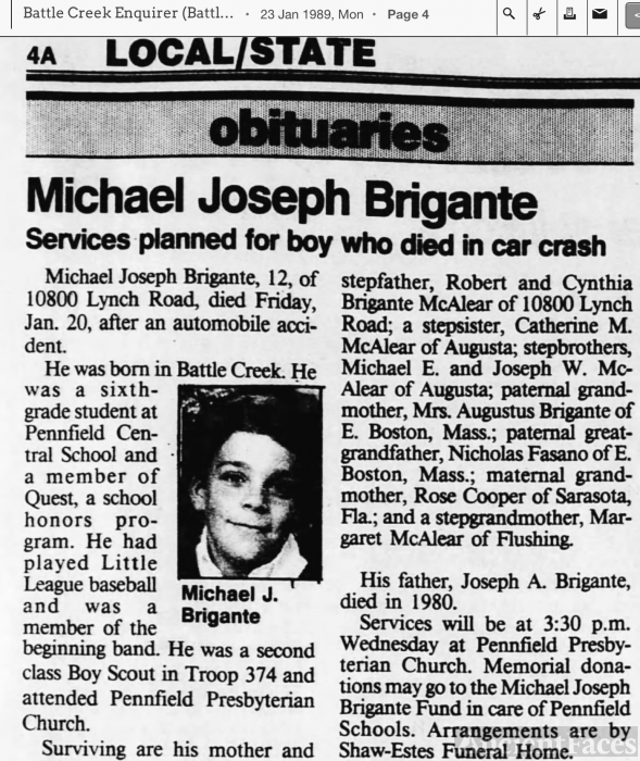 Michael J Brigante (1976 - 1989) - Battle Creek, MI | 1 Memory, 1 ...