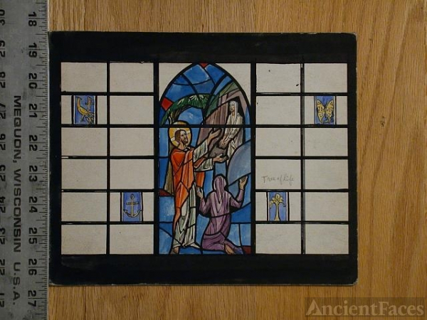 [Design drawing for stained glass window showing Miracle...