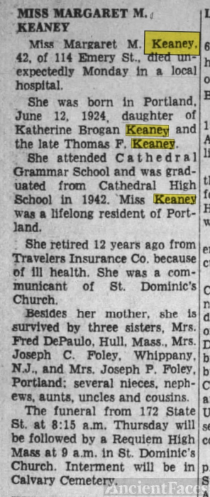 Margaret M Keaney --obituary