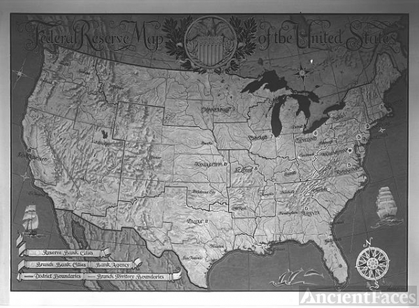 Federal Reserve Building. Map of U.S. in boardroom at...