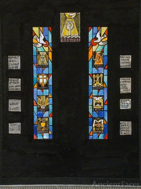 [Design drawing for stained glass window with Sacraments...