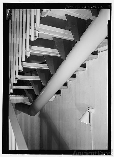 Detail of lobby stair, tubular steel "stringer" support...