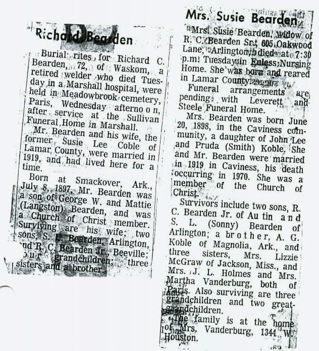 Obituaries of Richard Bearden & wife