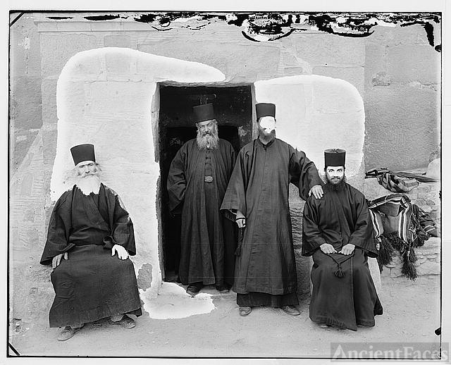 Sinai. Greek monks at the modern entrance [Monastery of...