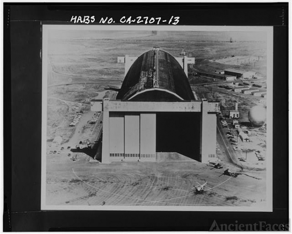 Aerial view of re-roofing of northern LTA ship hangar,...