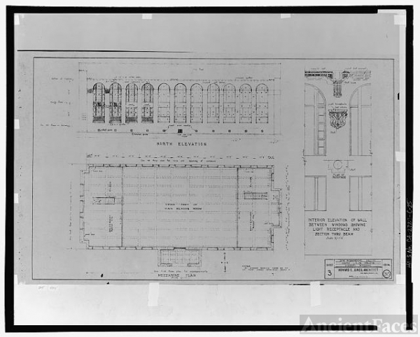 Mezzanine plan and north elevation. San Bernardino Valley...