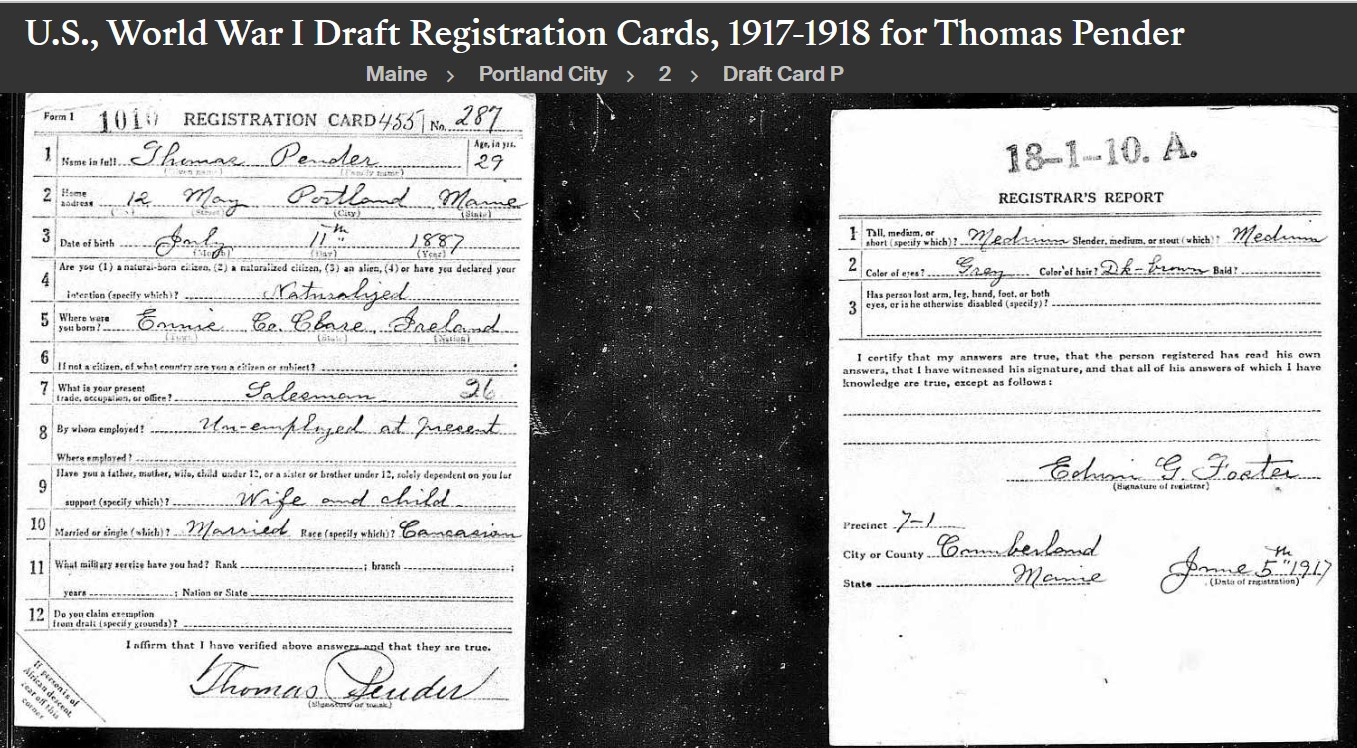Thomas William Pender Sr--U.S., World War I Draft Registration Cards, 1917-1918