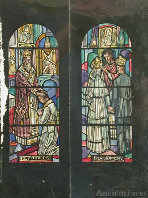 [Design drawing for stained glass window with Holy Orders...