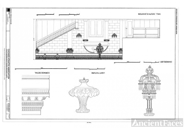 Hall south elevation, chandelier, light fixture & cornice...