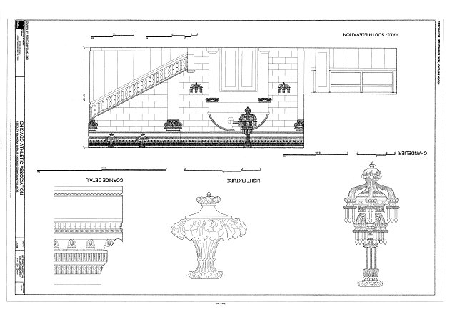 Hall south elevation, chandelier, light fixture & cornice...