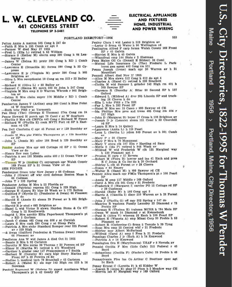Thomas William Pender Jr --U.S., City Directories, 1822-1995(1956)